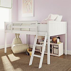 Merax Wood Low Loft Bed with Ladder,Wooden Low Loft Bed with Guardrail for Kids or Teens,Space Saving,No Box Spring Needed,Twin Size, White Color