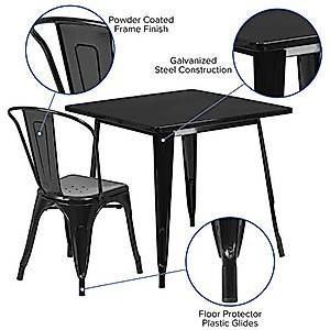 EMMA + OLIVER Commercial 31.5" Square Black Metal Indoor-Outdoor Table Set-4 Stack Chairs
