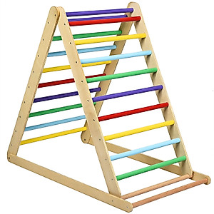 HONEY JOY Triangle Climber with Ramp, 2-in-1 Indoor Toddler Climbing Triangle Set with Ladder & Slide, Foldable Wooden Kids Climbing Toys for Playground, Gym & Daycare, Gift for Boys Girls (Colorful)