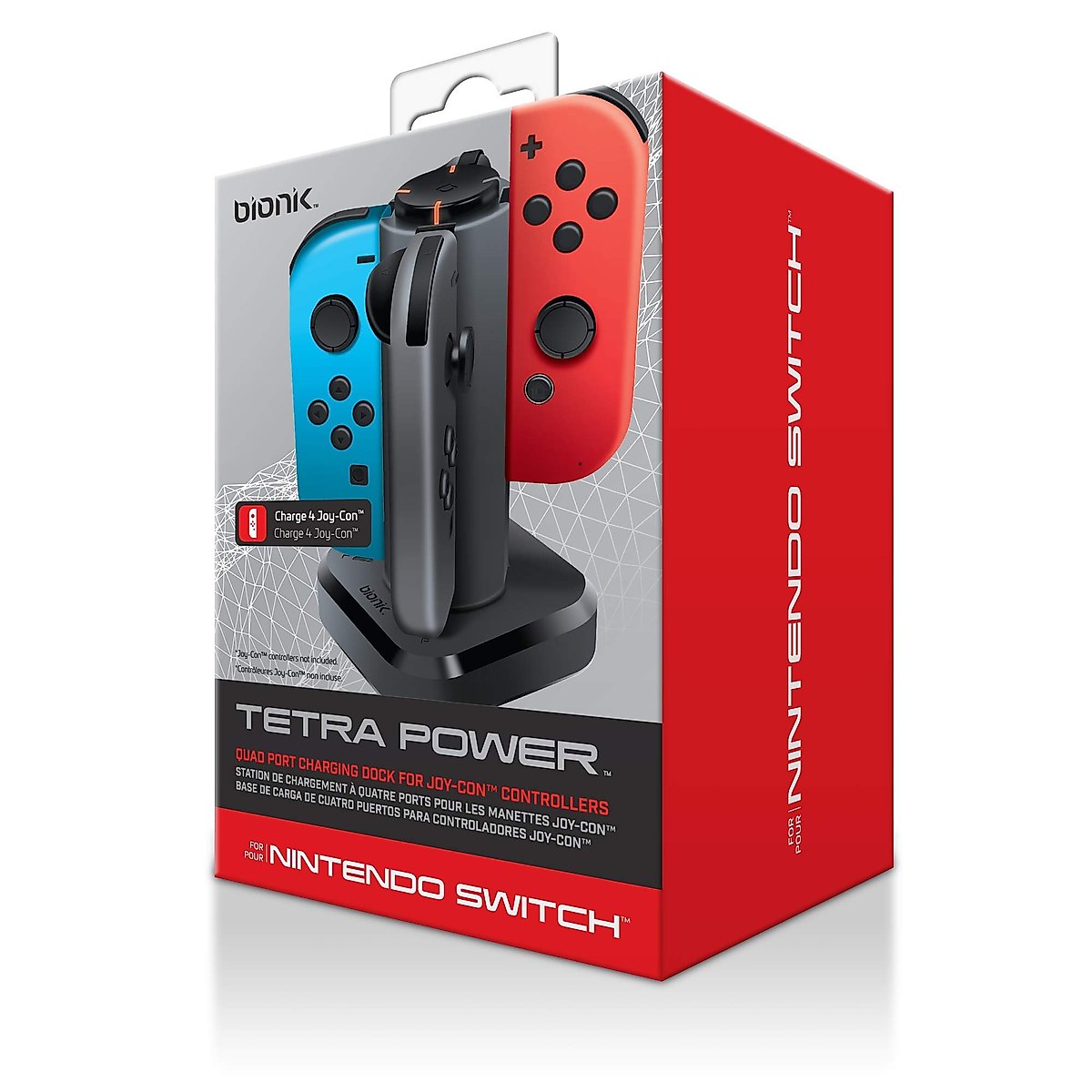 Bionik Tetra Power - Nintendo Switch Joy Con Charging Dock (4 Controllers) with Built-In Cable Adjustment System and LED Charge Status Indicators