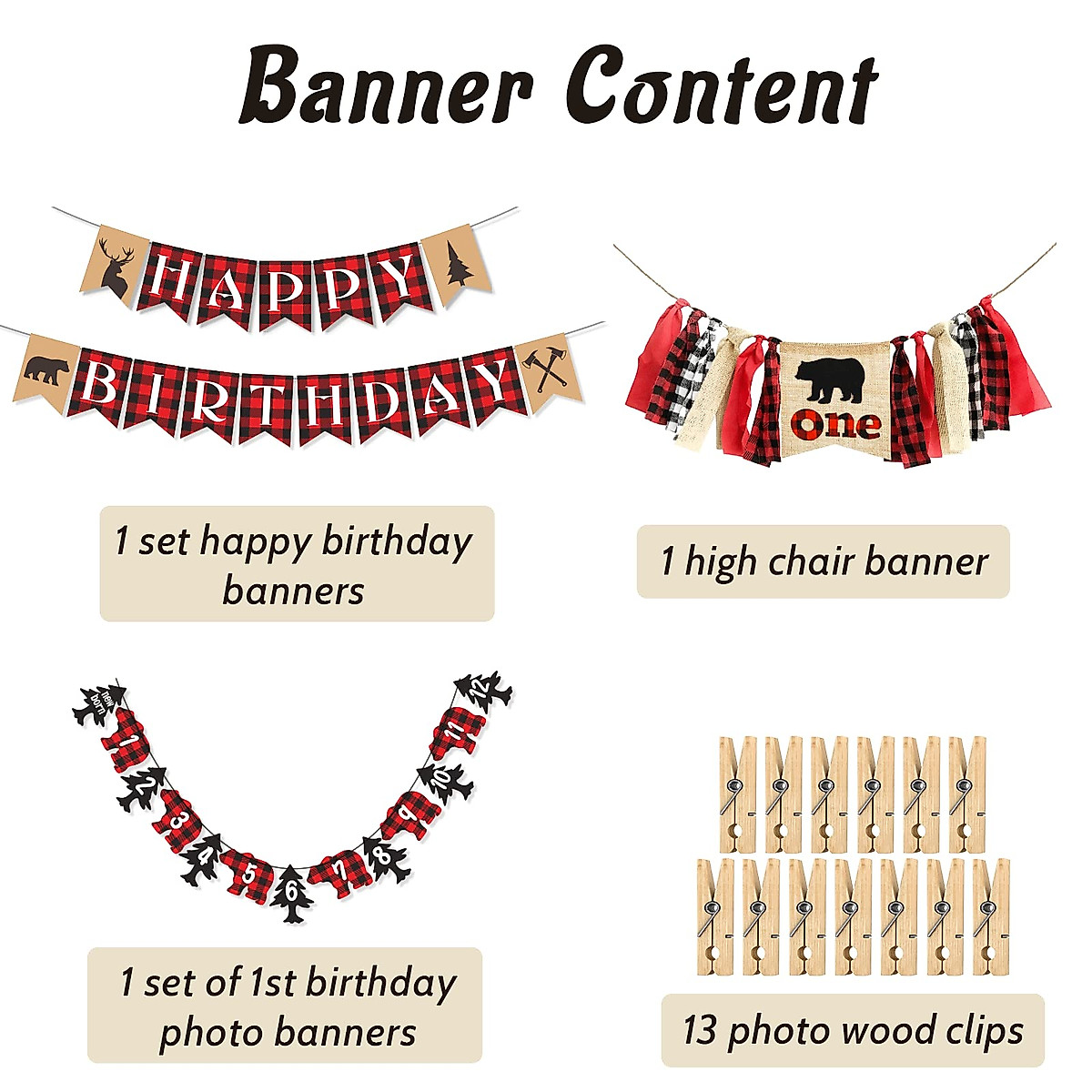 Lumberjack Baby Shower Banner Lumberjack Theme Happy 1st Birthday Garland and High Chair Banner Wild Bear Tree Monthly Photo Banners for Baby Shower Kid Birthday Hunting Party Supplies Decoration (red and black plaid)