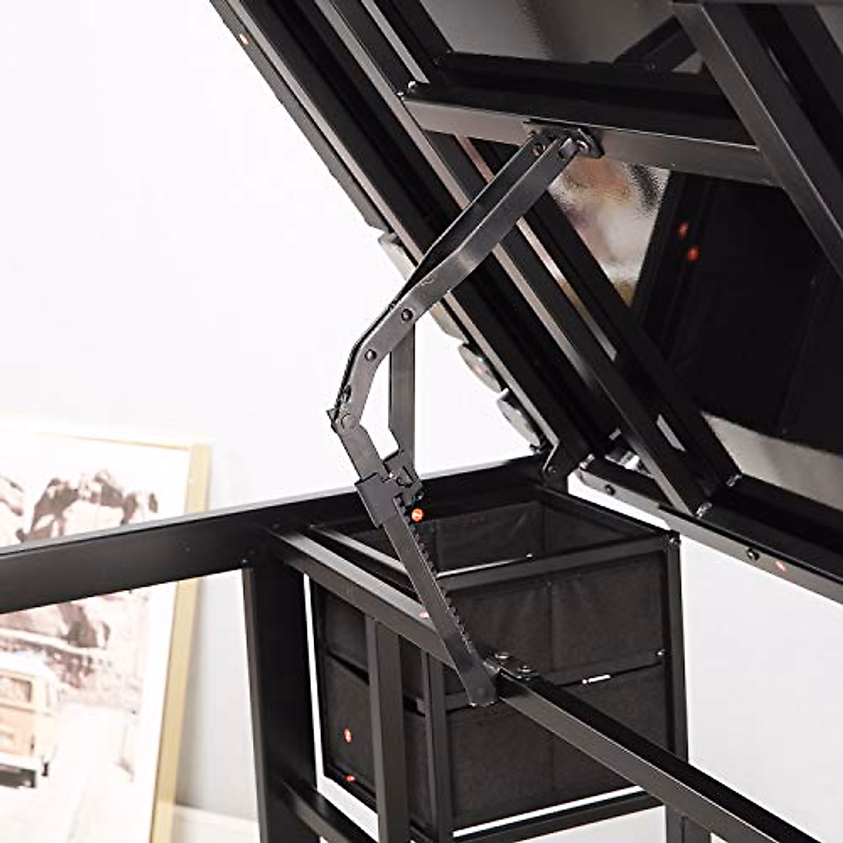 soges Glass Drafting Table, Mobile Drawing Desk with Tilted Tabletop, Art Table with 2 Storage Drawers, Painting Desk for Reading Writing Drawing, Black