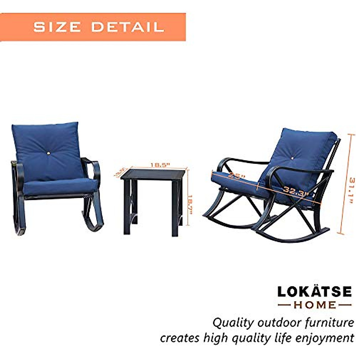 LOKATSE HOME 3-Piece Outdoor Patio Rocking Steel Furniture Bistro Set with 2 Rocker and 1 Metal Square Coffee Table(Blue Thickened Cushion)