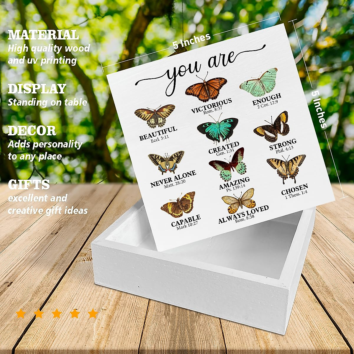 Inspirational Bible Verse Wooden Box Sign Christian Home Decor Butterfly You Are Beautiful Scriptures Wood Sign Desk Decoration Religious Wood Block Plaque Box for Shelf Nursery 5 x 5 Inches