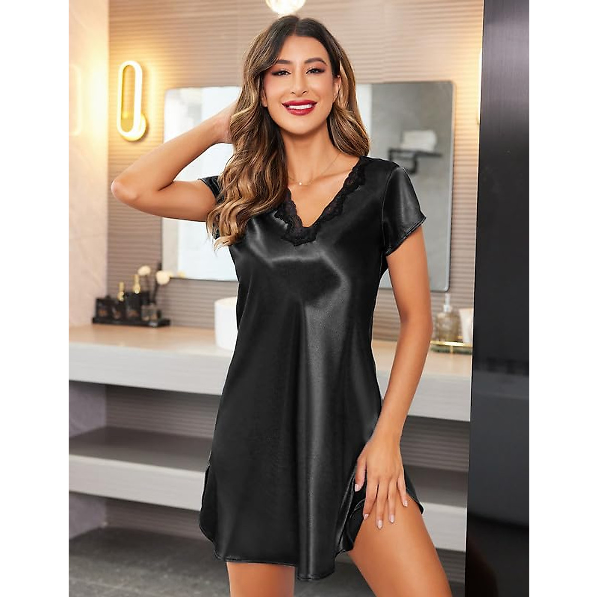 Ekouaer Women's Satin Nightgown Sleepwear Lace V Neck Side Slits Nightie Short Sleeves Nightshirt (Black,S)