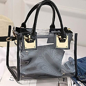 Rullar Women 2Pcs Small Clear Tote Set Beach Shoulder Top-handle Bag PVC Transparent Satchel Handbag Purse Black