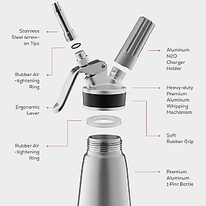 Aluminum Whipped Cream Dispenser with 3 Nozzles, Brush & Recipe Guide