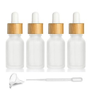 4 Pcs Bamboo Frosted Glass Eye Dropper Bottle,Empty Essential Oil Bottles With Pure Glass Pipettes,Bamboo Cap Makeup Travel Cosmetic Sample Container-Pipette&Funnel included (15ml/0.5 Ounce)
