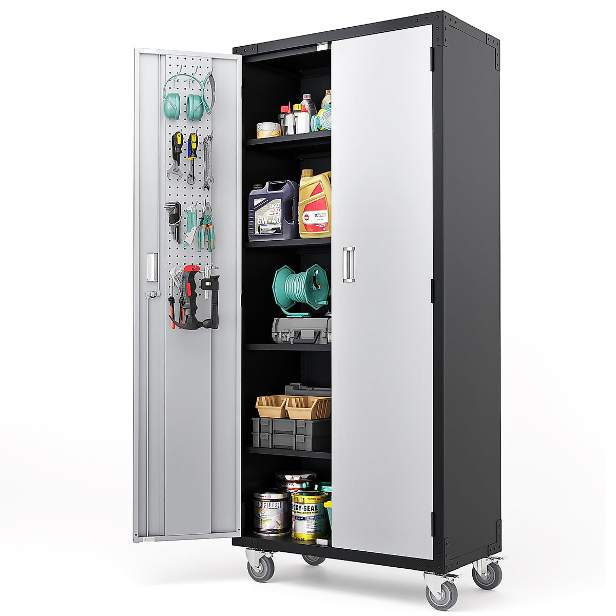 VINGLI 72'' Tall Garage Storage Cabinet, Metal Storage Cabinet with Wheels, Locking Doors and Adjustable Shelves (Black & Silver, 32''W x 16''D x 72''H)