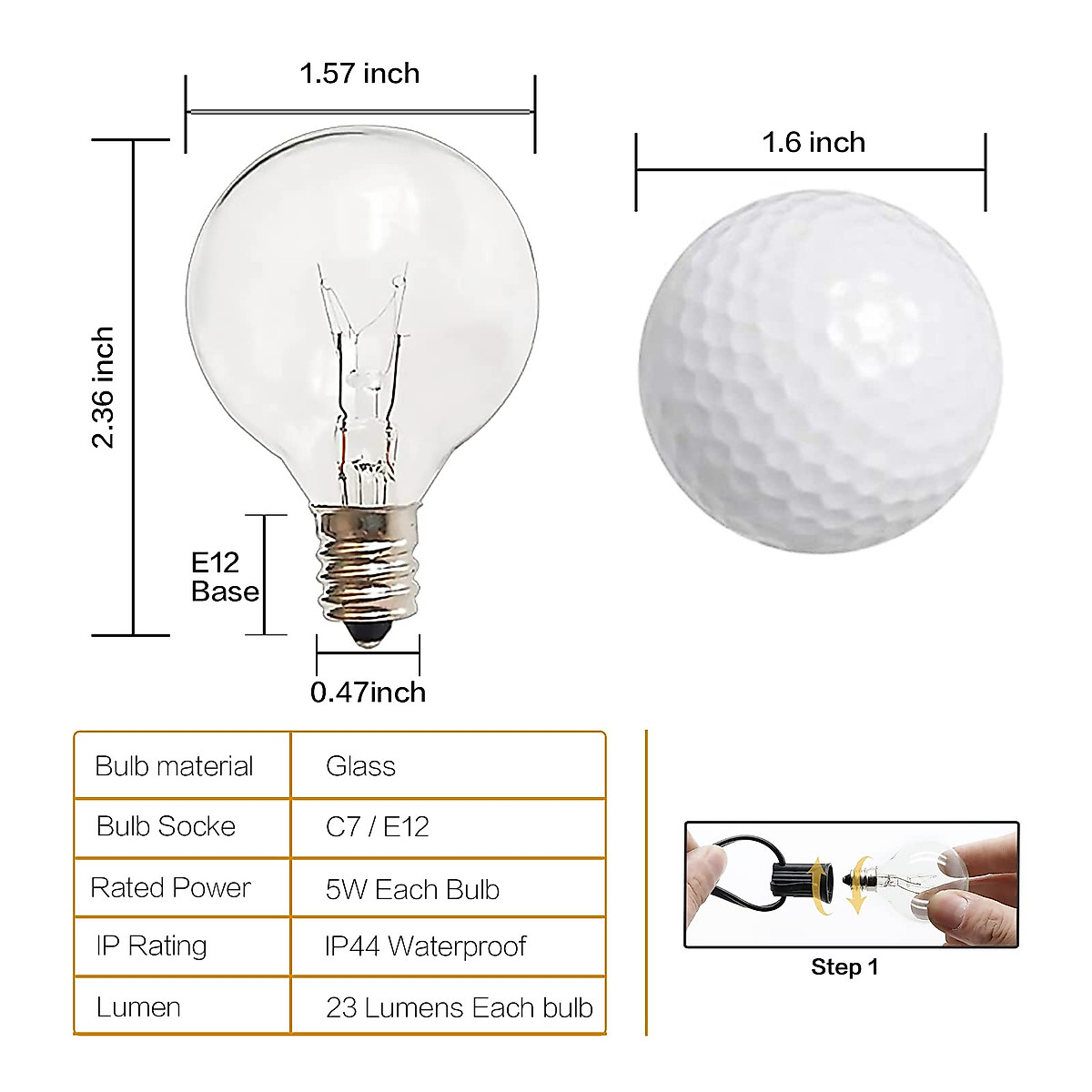 CHYSUPER G40 Light Bulbs Replacement, Clear Globe G40 Bulbs E12 120V 5W, G40 Replacement Bulbs for Outdoor String Lights, 25 Pack (Incandescent Bulbs)