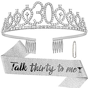 30th Birthday Sash & Rhinestone Tiara Kit- Happy 30th Birthday Gifts for Women 30th Birthday Party Decorations (silver)