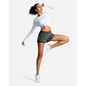 Women's 2 in 1 Running Shorts High Waisted Spandex Shorts Gym Yoga Workout Athletic Shorts for Women with Zipper Pockets(Army Green, XXS)