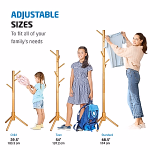 ZOBER Coat Rack Free Standing - Wooden Coat Tree W/ 6 Hooks - Coats, Purses, Hats - Adjustable Sizes, Easy Assembly - Natural