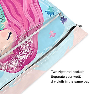 Qilmy 2pcs Mermaid Cloth Diaper Wet Dry Bag Waterproof Reusable Wet Dry Organizer with Zipper for Travel, Beach, Pool, Diapers, Gym Clothes, Wet Swimsuits