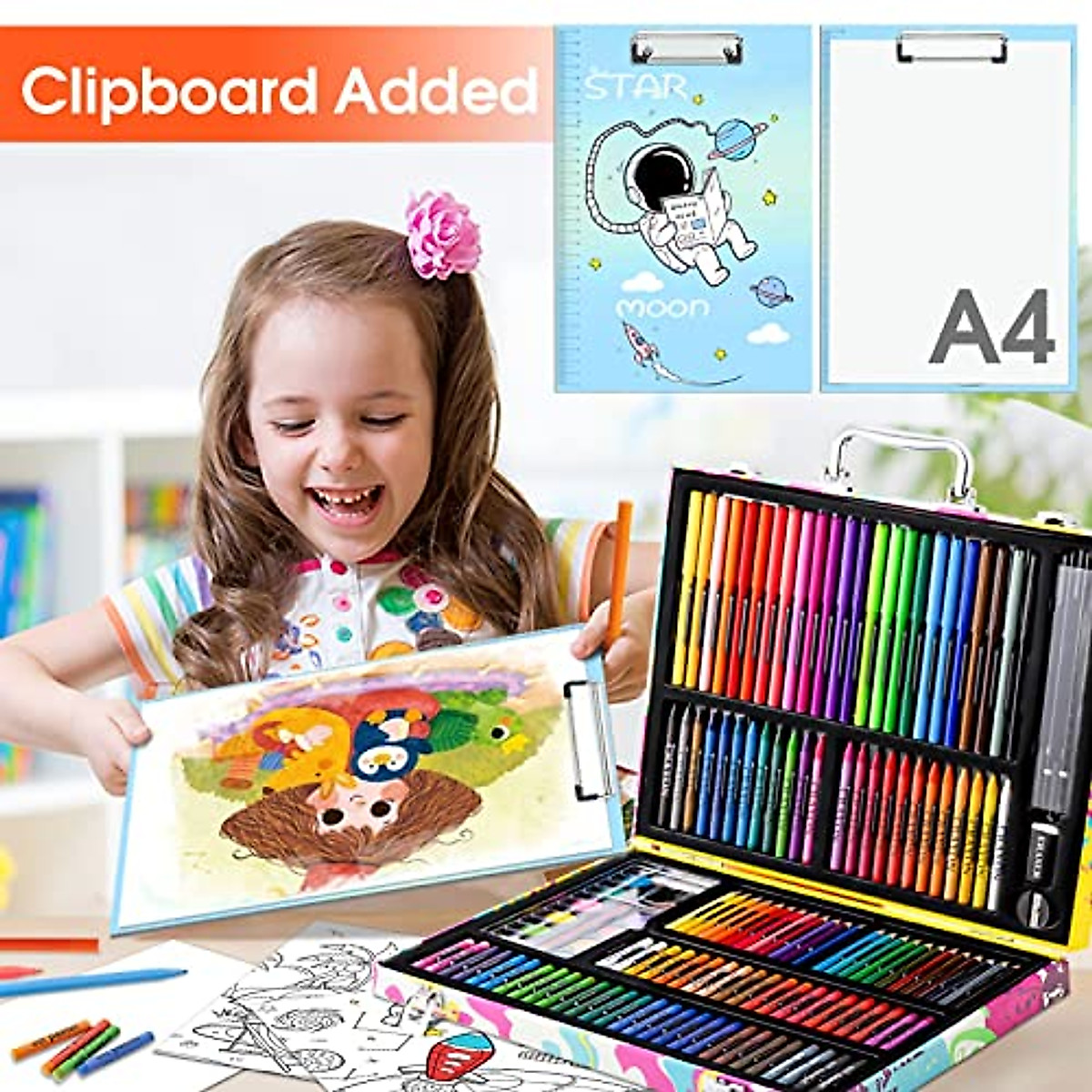 Art Supplies, POPYOLA 180-Piece Deluxe Art Set, Drawing Painting Coloring Kit with Clipboard, Pastels, Crayons, Pencils, Watercolors, Drawing Papers, Arts and Crafts Gift Case for Kids Girls Boys