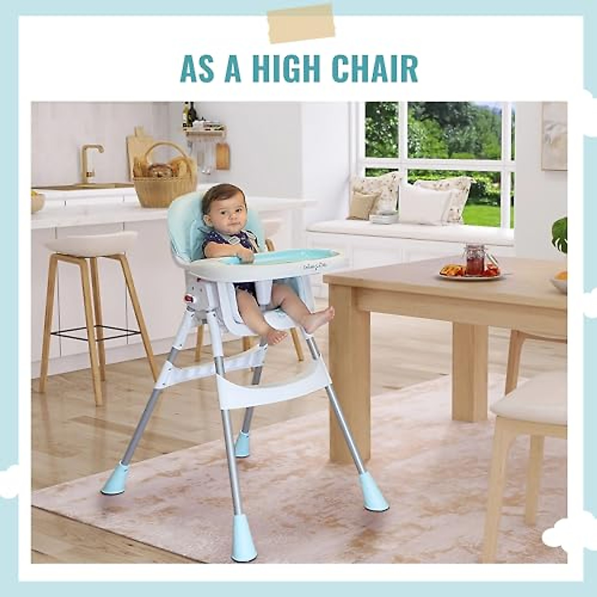 Dream On Me Portable 2-in-1 Tabletalk High Chair, Convertible Compact High Chair, Light Weight Portable Highchair, Aqua
