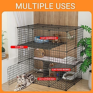 IKARE Cat Cage DIY Indoor Pet Home Small Animal House Detachable Playpen with 3 Doors 3 Tiers for Kitten Puppy Bunny Exercise. (Black，27.6 x 27.6 x 41.3Inch)