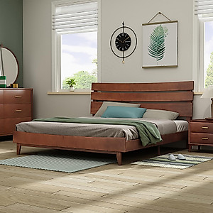 LUXOAK Solid Wood Bed Frame with Headboard, 14 inch Queen Size Japanese Bed Frame, Mid-Century Platform Bed, Solid Wood Slats Support, No Box Spring Needed, Easy Assembly, Walnut
