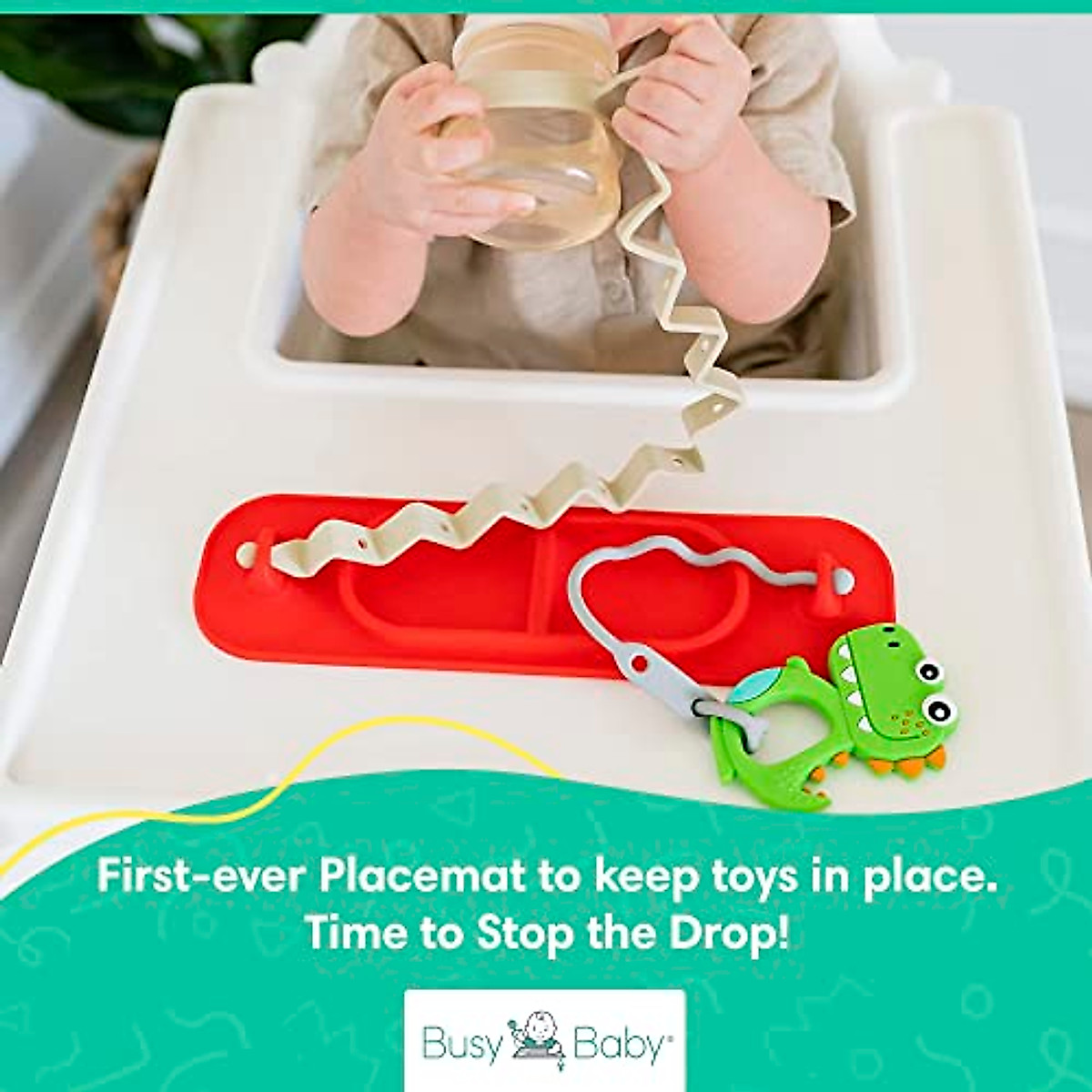 BUSY BABY MAT | Silicone Mini Suction Placemat for Babies & Toddlers with Adjustable Tethers to Attach Toys | Keep Toys Off The Floor, Dishwasher Safe, BPA Free | Includes Travel Sleeve (Pewter)
