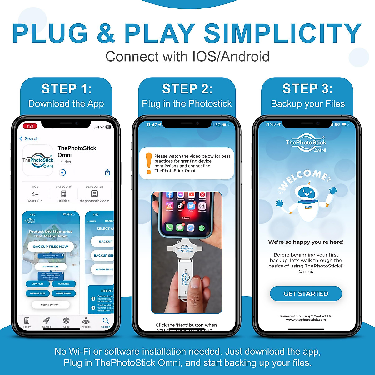 ThePhotoStick® Omni 64GB - Secure Photo & Video Backup and Transfer | Digital File Organization | USB & Multiport Connection for Phones, Tablets and Computers | Portable Memory | External Storage