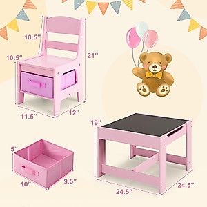 KOTEK Kids Wood Table and 2 Chairs Set with Blackboard & Storage Drawers, Children Multi Activity Table for Learning, Playing, Drawing, 3-in-1 Toddler Art Crafts Desk and Chairs Set (Pink)