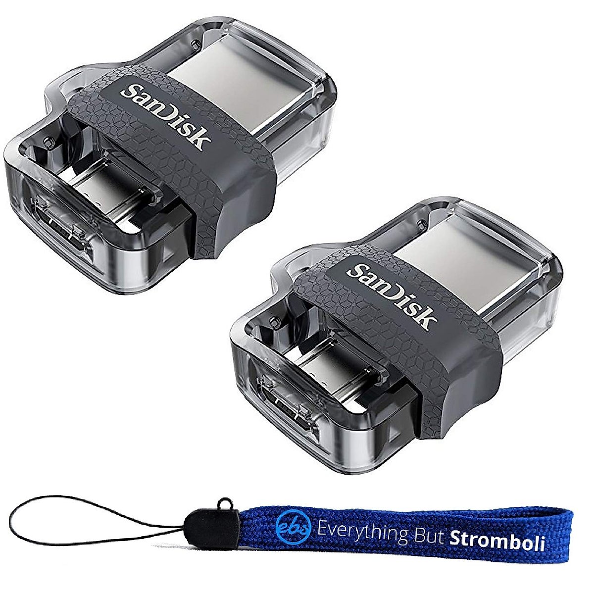 SanDisk Ultra (Two Pack) Dual Drive m3.0 for Android Devices and Computers Flash Drive Bundle with Everything But Stromboli Lanyard (128GB 2 Pack)