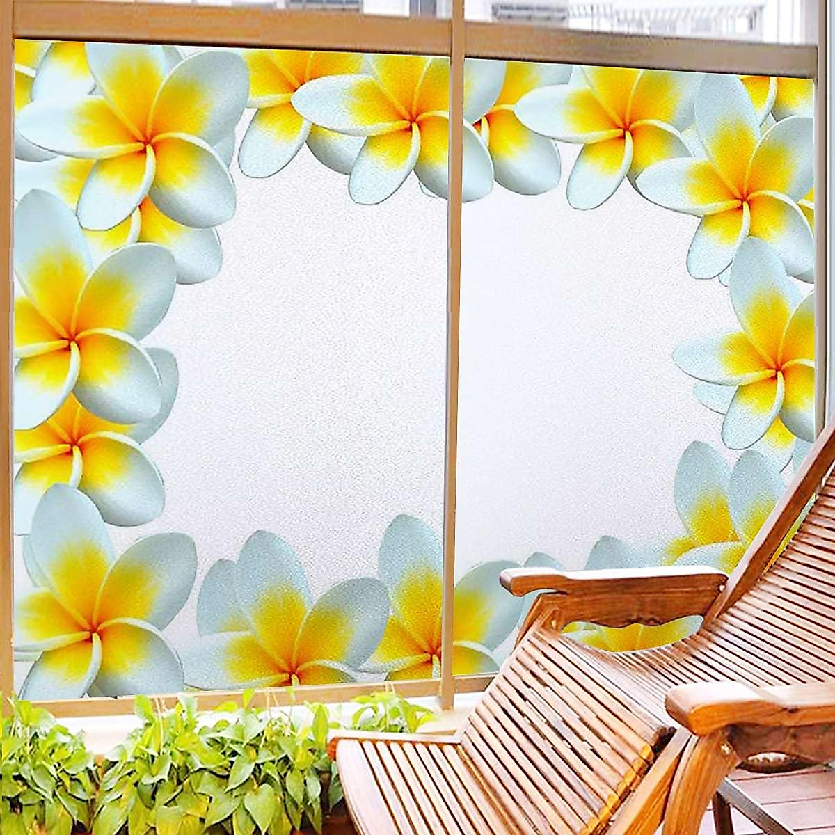 White Yellow Home Window Privacy Film Removable Frosted Glass Window Film for Home, Office, Bedroom, Shower, Hawaiian Frangipani Blossoms Exotic Glass Films 17.7Wx23.6L-inch x2 Pcs