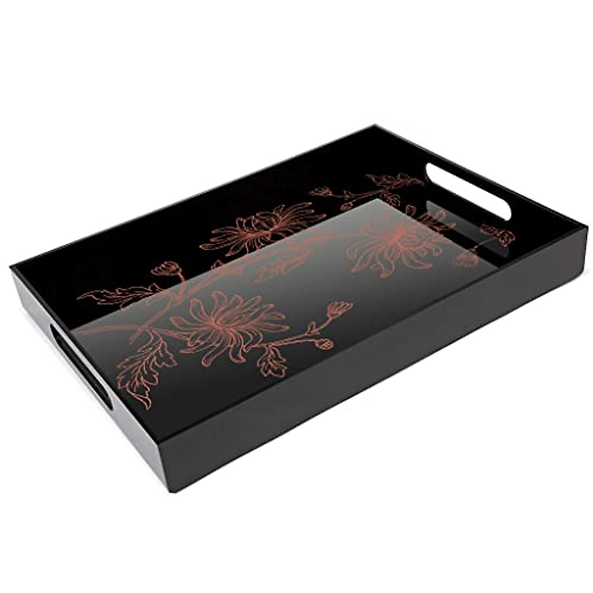 Hacaroa Black Acrylic Serving Tray with Handles, 17" x 12" Rectangular Breakfast Tray for Coffee Table, Appetizer, Tea, Decorative Floral Vanity Tray Organizer, Spill-Proof