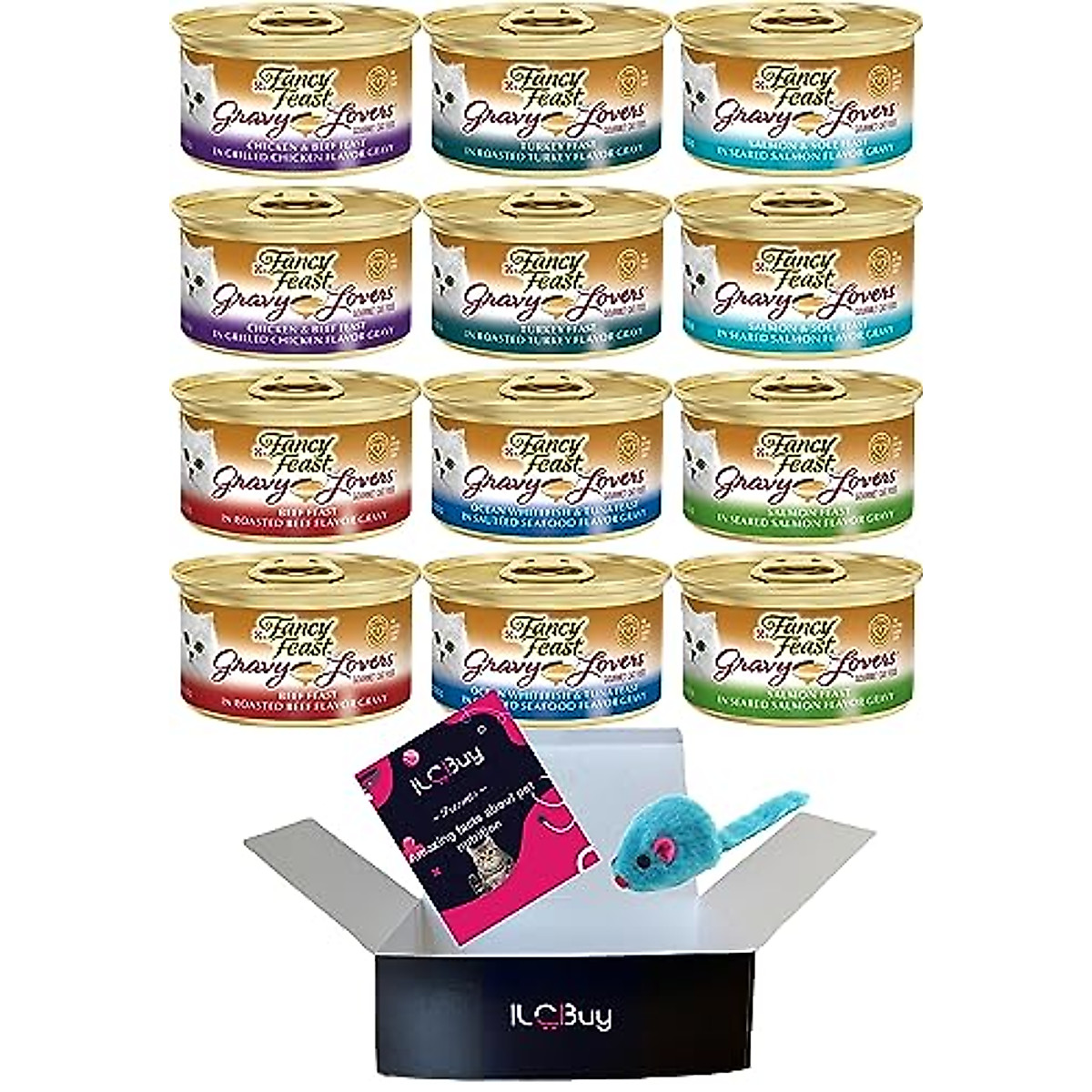 Fancy Feast Gravy Lovers Bundle, 2 Turkey, 2 Ocean Whitefish, 2 Salmon & Sole, 2 Beef, 2 Salmon Feast , & 2 Chicken & Beef. Each can is Total of 12 cans and Mouse Toy., 3 Ounce (Pack of 12)