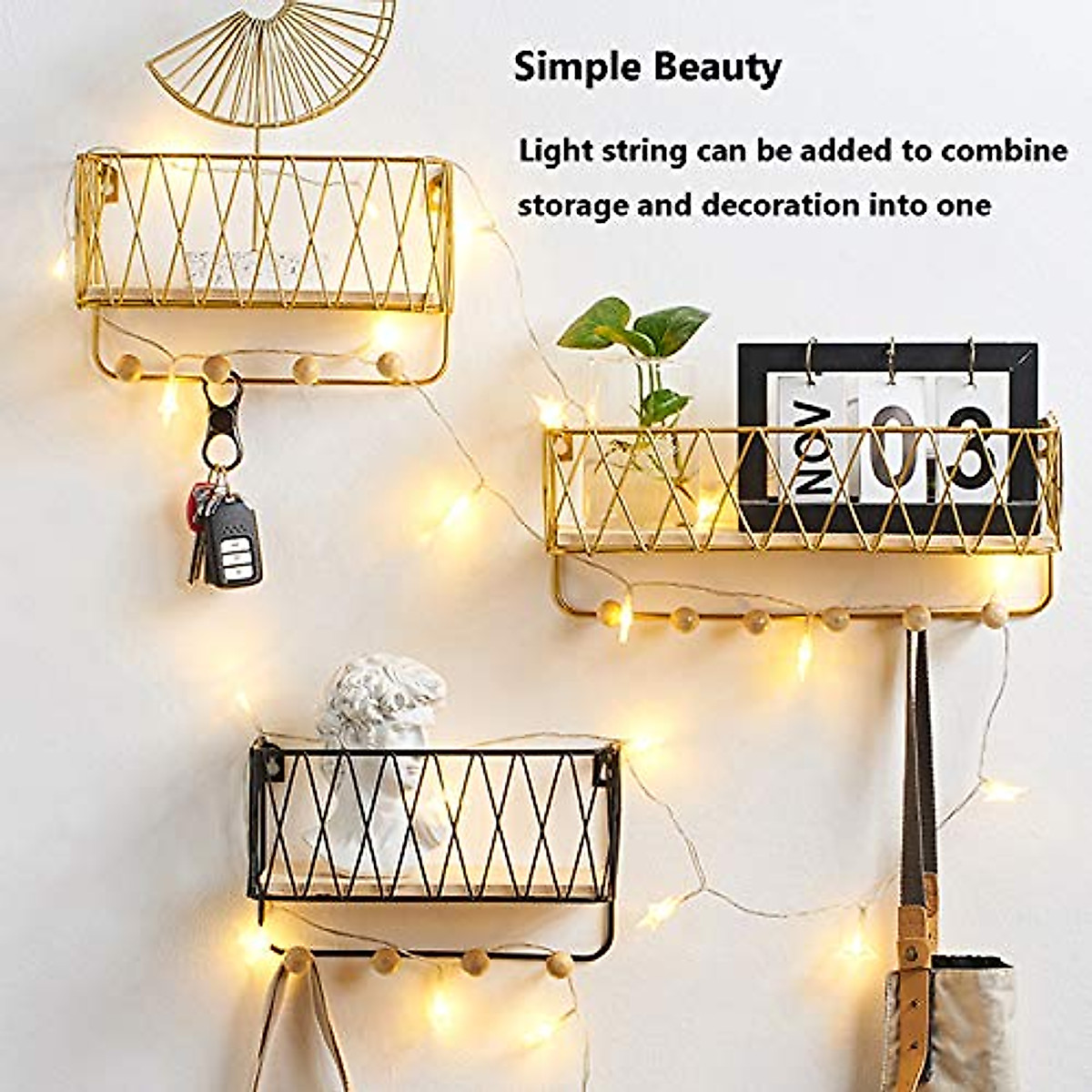 DoxiGlobal Wall Mount Mail Holder Entryway Storage Organizer with Shelf Wood Key Hooks Metal Mail Sorter Coat Rack Wire Mesh Storage Basket for Magazines Keys Wallets Leashes Plant (Gold, S-4 Hooks)