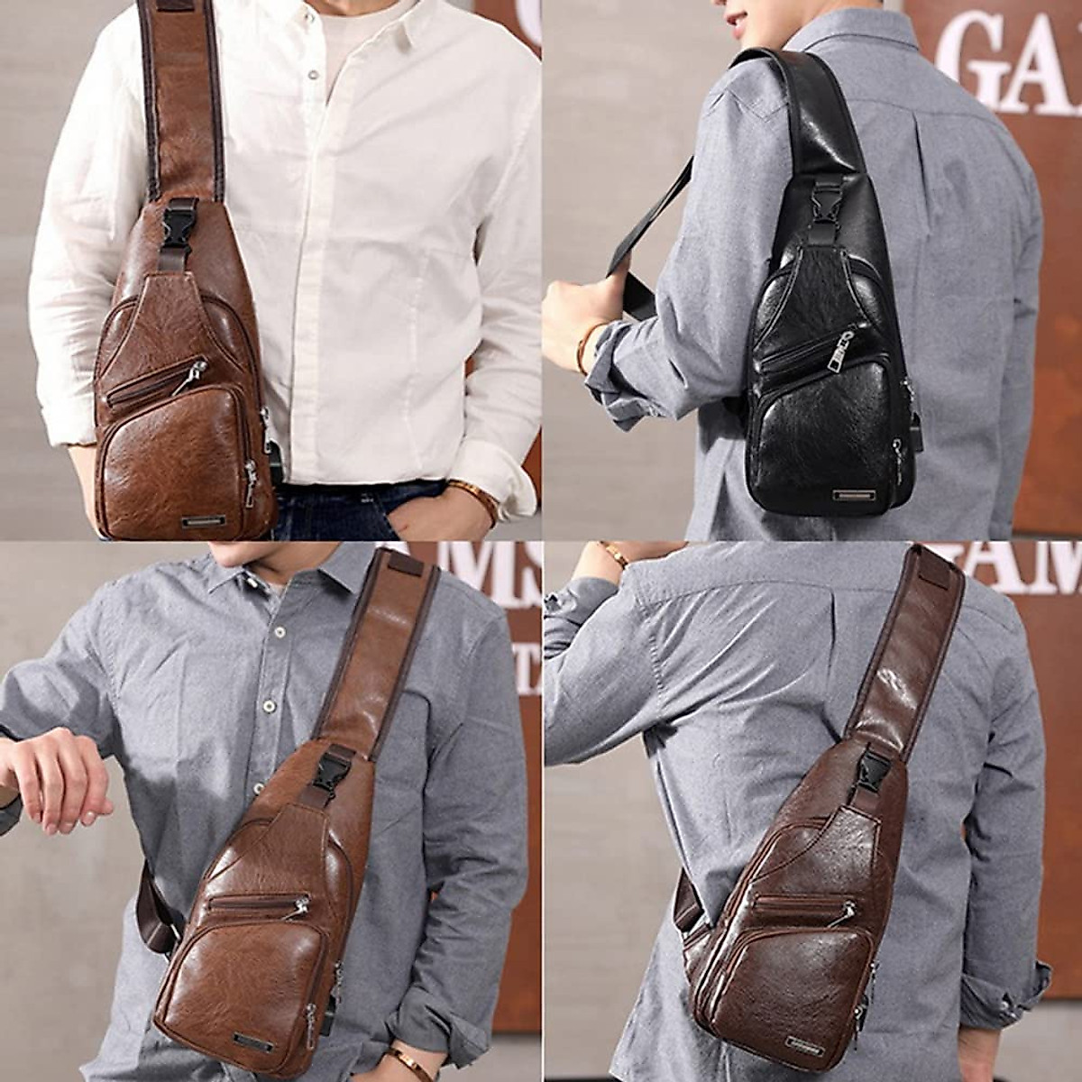 AOLIDA QICHUANG Men Sling Bag Leather Unbalance Chest Shoulder Bags Casual Crossbody Bag Gift for Men (brown)