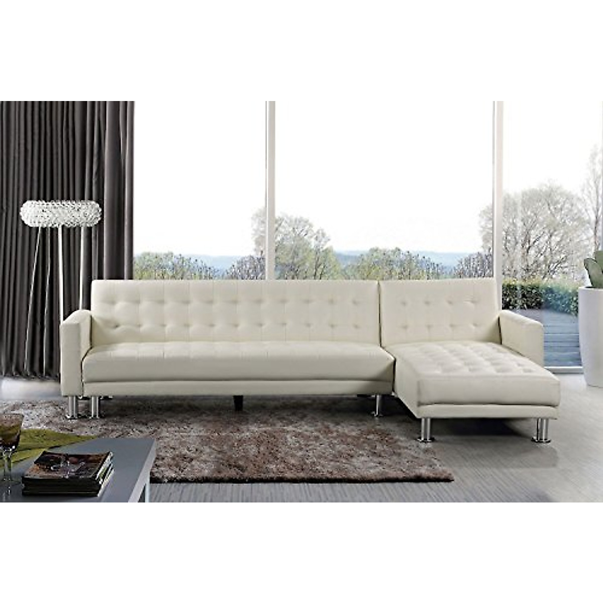 Velago ATTALENS White Modern Convertible Sectional Sofa | Leather Sleeper Queen Size | Reversible Chaise Lounge | Contemporary Living Room Furniture, 116"