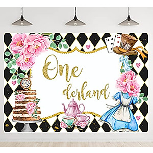 Onederland 1st Birthday Backdrop for Girls Wonderland Tea Party Photography Background Girl Pink Floral Poker Decoration Cake Table Banner 7x5ft