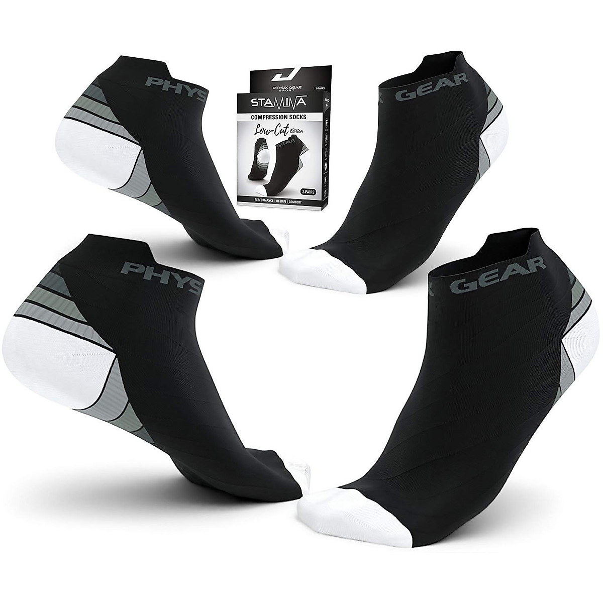 Physix Gear Sport Low Cut Socks Men & Women - Ankle Compression Running Socks (2Pair Blk-Wht L/XL)