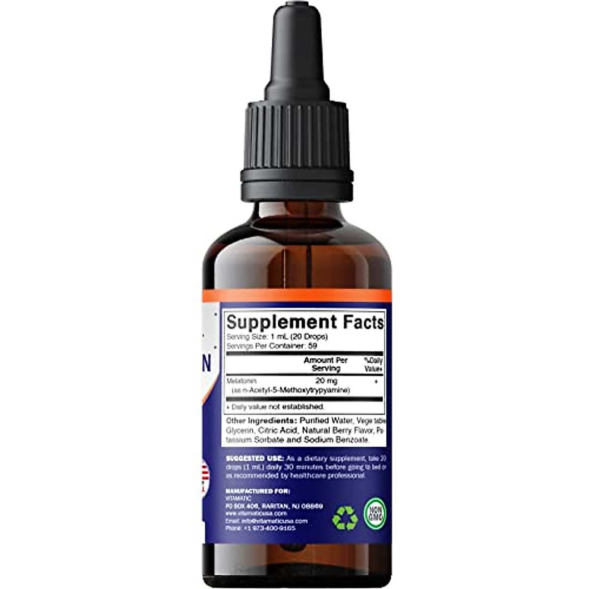 Vitamatic 2 Packs Melatonin 20mg Liquid Drops - 2 Fluid Ounce (59ml) - Natural Berry Flavor - for Adults - Non-GMO - Vegetarian Supplement