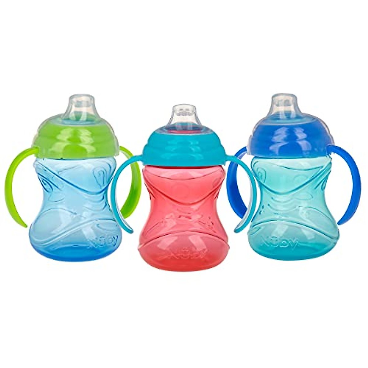 Nuby 3 Piece No-Spill Grip N’ Sip Cup with Silicone Soft Flex Spout, 2 Handle with Clik It Lock Feature, Boy, 10 Ounce