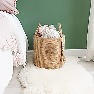 Mkono Woven Storage Basket Decorative Rope Basket Wooden Bead Decoration for Blankets,Toys,Clothes,Shoes,Plant Organizer Bin with Handles Living Room Home Decor, Jute, 11" W x 11"L