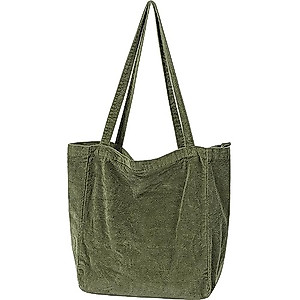 WantGor Large Corduroy Tote Bag, Women Zipper Shoulder Handbags Casual Travel Hobo Bag Shopping Work Bags (Army Green)