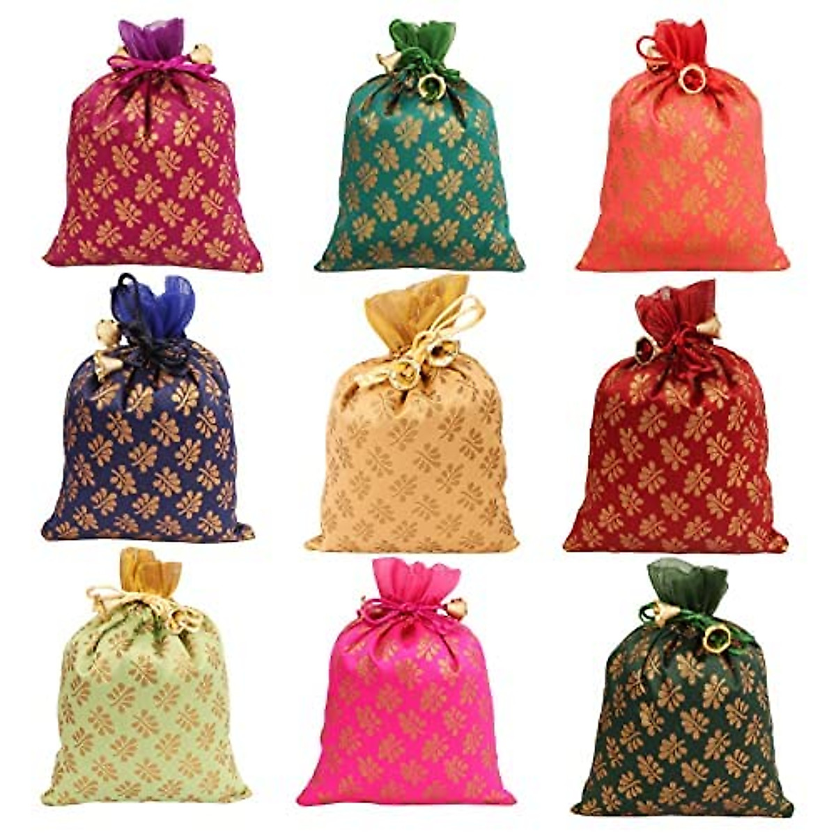 Touchstone Gorgeous Gift Wrapping bags reusable environment friendly Large Drawstring Mimosa Leaf Pattern Brocade for birthdays, wedding, return present packing set. pack of 9. 9x7 inches