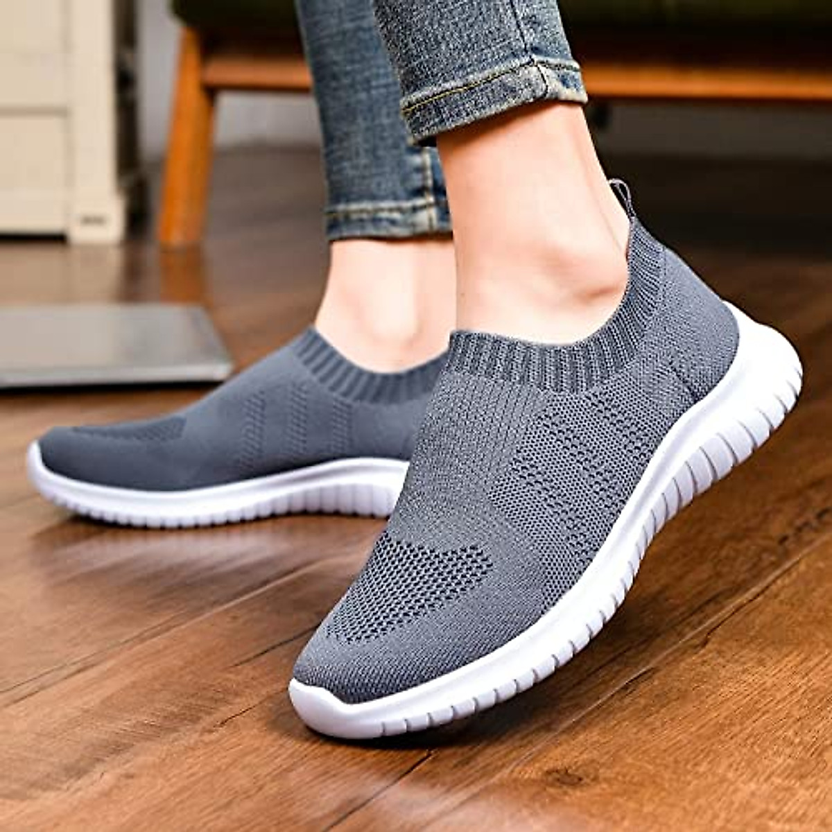 konhill Women's Walking Tennis Shoes - Lightweight Athletic Casual Gym Slip on Sneakers 9.5 Wide US A/Dark Grey,41