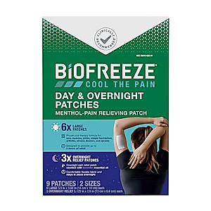 Biofreeze Day & Overnight Pain Relief Patches, Menthol Pain Patches for Arthritis & Muscle Pain Relief, Comfortable & Flexible Fabric Stays in Place, FSA/HSA Eligible, 9 Patches (6 Day, 3 Night)