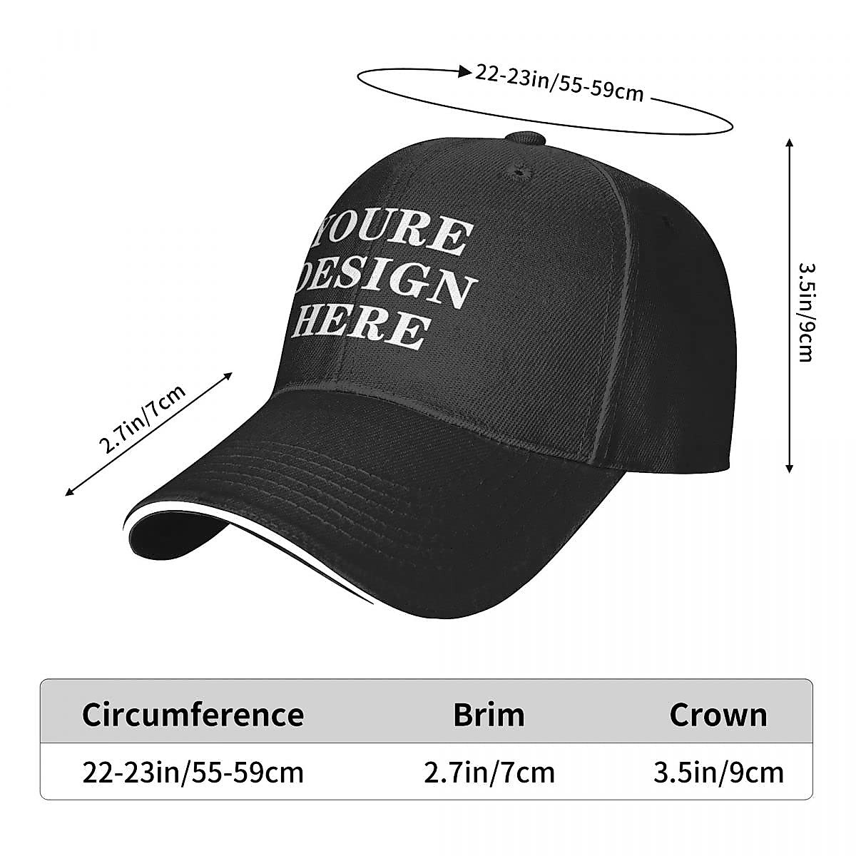 Custom Hats for Men Design Your Own Picture Add Photo Logo Text Name Personalized Adjustable Casual Baseball Cap Fitted Hat Dad Hat Unisex (Black)