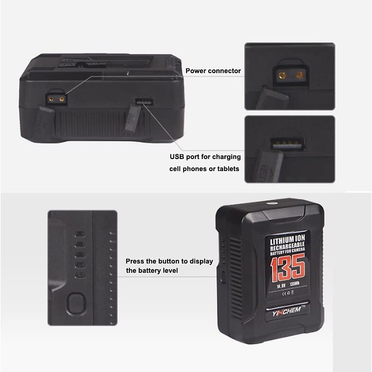 YINCHEM 135Wh V Mount Camcorder Battery with Charger,14.8V 9400mAh Mini Portable Lithium-ion V Lock Battery Equipped with D-tap and USB Port for Camera/DSLR/Smartphone/Tablet