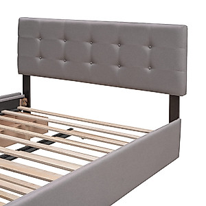 Bellemave Queen Size Platform Bed, Queen Linen Fabric Upholstered Platform Bed Frame with 2 Storage Drawers and 1 Twin XL Trundle, Ideal Bedroom Furniture, No Box Spring Needed (Light Gray)