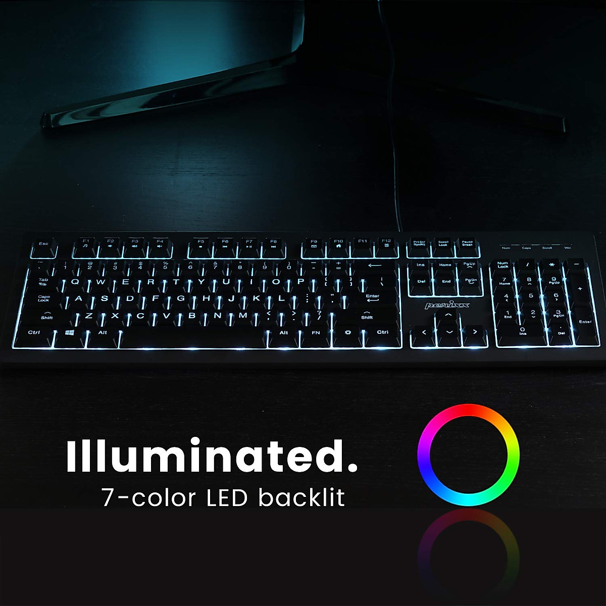 Perixx PERIBOARD-329 Wired USB Backlit Keyboard, Big Print Letter with 7-Color Illuminated LED, X Type High Scissor Keys, Black, US English Layout (11663)