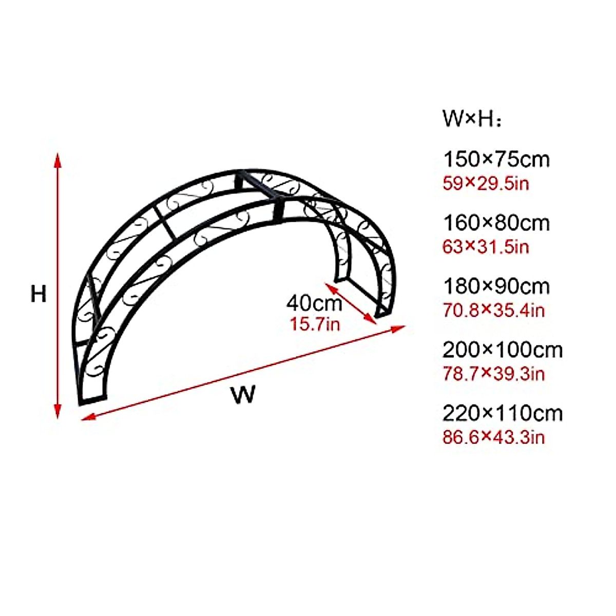 Semi-Circular Garden Arch,Iron Art Rose Arch,Climbing Plants Arch Arbor Wall Trellis,for Decoration Outdoor Gardens Entrance/Villa Door Arches,Black (Size : 180x90cm/70.8x35.4in)
