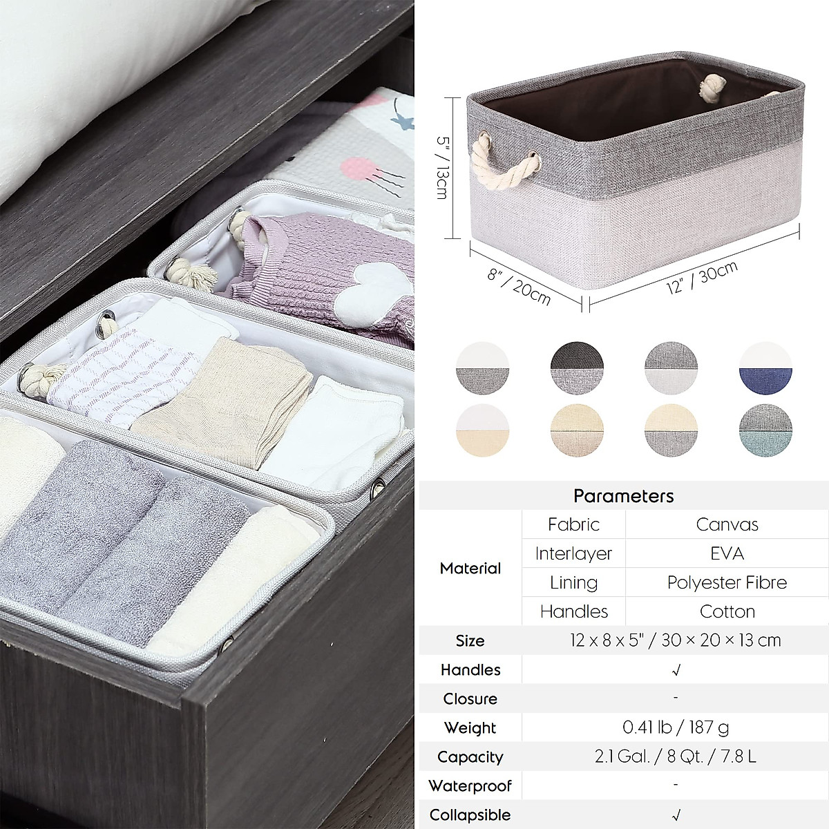 Sea Team 3-Pack Small Storage Basket Set, Storage Cube Organizer, Storage Bins, 12 x 8 x 5 Inches, Rectangle Canvas Fabric Collapsible Shelf Box with Handles for Kids Room (Grey/Black)