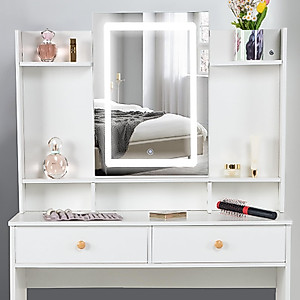Caulitar Vanity Desk with Mirror and Lights-3 Color and Brightness Adjustable, Vanity Set with Drawers and Chair, White Makeup Vanity Table for Girls
