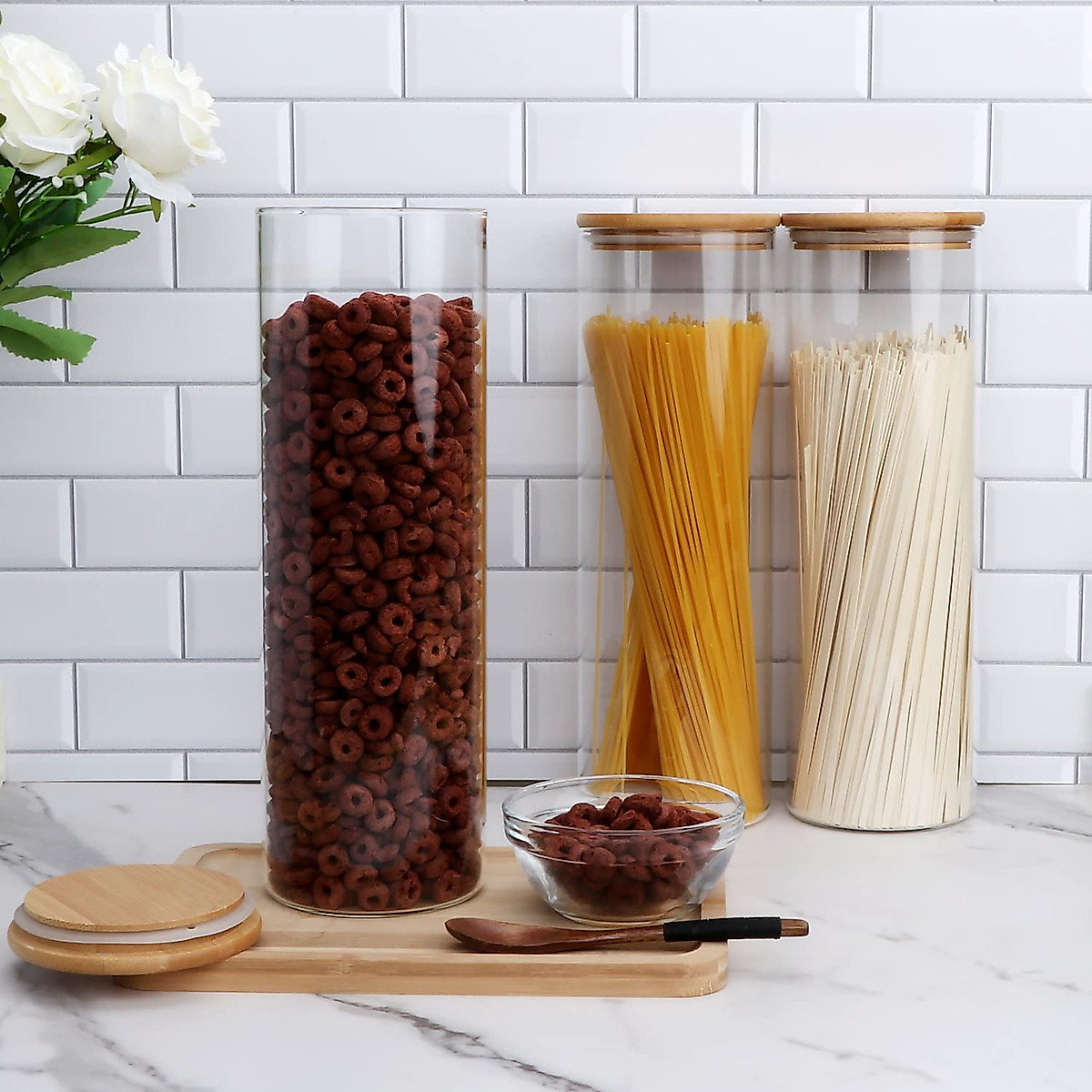 Large Glass storage Jars Set of 3,Glass Food Storage Jars with Bamboo Lids,Glass Kitchen Canister Set for Spaghetti,Pasta,Flour,Coffee Beans,Cereal,Rice(67 OZ)