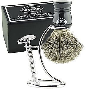 MCS Premium Safety Razor Shaving Kit: Complete Wet Shave Set w/Double Edge Razor, Pure Badger Brush, Heavy Chrome Stand, Travel Case, Extra Blades & Gift Box (Black)
